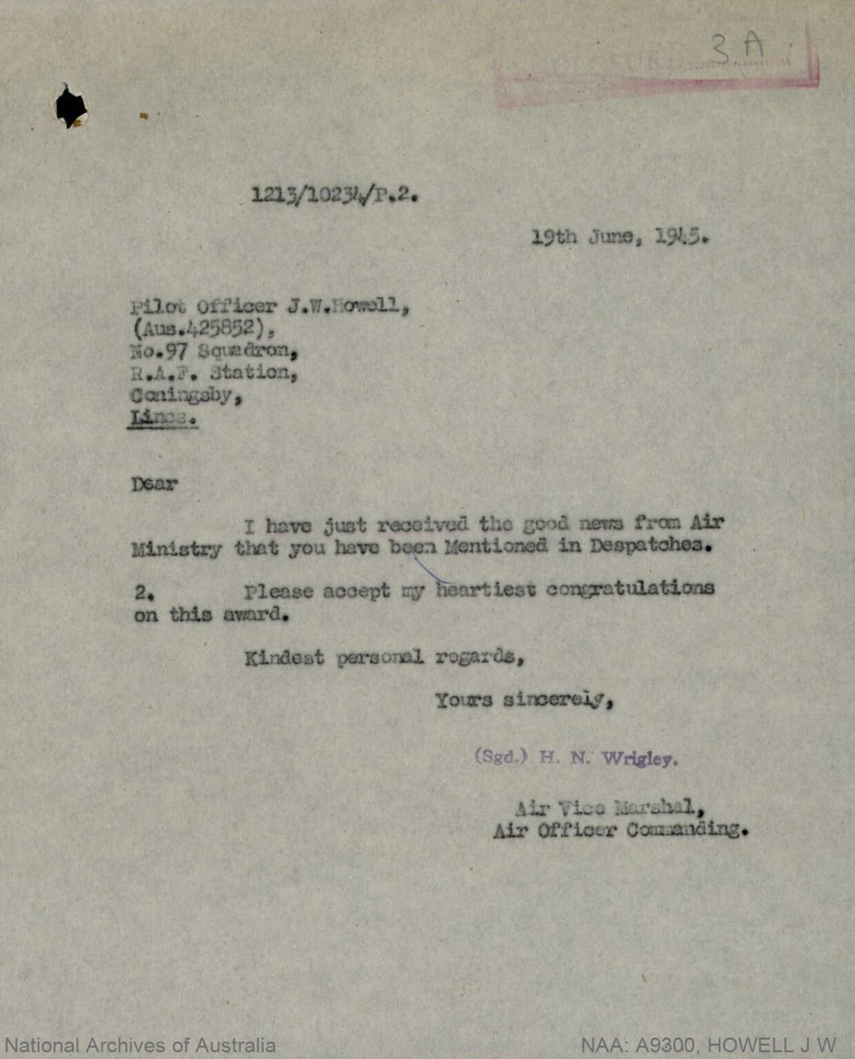 P/O John Wilson Howell RAAF - 197 Typhoon Squadron